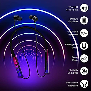 Neckband Bluetooth Headphones Wireless In-Ear Extra Bass Headet with Mic, V5.1 Bluetooth Earbuds 24H Playtime, 10 mm Drivers, IPX7 Waterproof for for Phone Call Music Sports (Laser Purple)