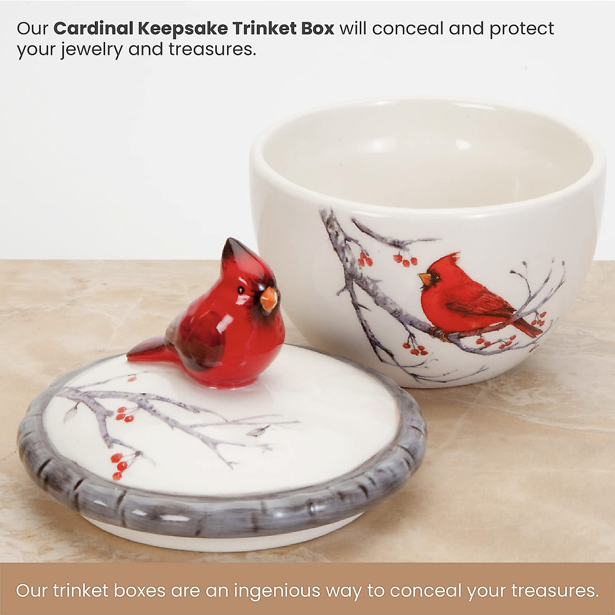 Bits and Pieces - Ceramic Cardinal Trinket Box - Cardinal Keepsake and Jewelry Box - Home Décor