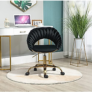 Velvet Home Office Desk Chair, Modern Adjustable Swivel Task Chair, Upholstered Cute Vanity Chair with Woven Back, Tufted Computer Chair with Gold Metal Base for Office, Bedroom, Study, Black