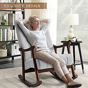 AVAWING Upholstered Rocking Chair with Fabric Padded Seat,Comfortable Rocker Solid Wood for Living Room,Modern High Back Armchair,Adult Single Sofa,Old Man Chair (Grey)