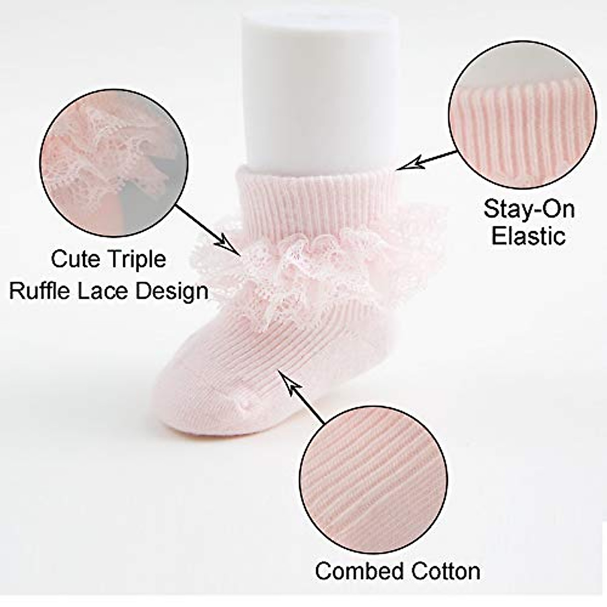 Mini angel Baby Lace Socks Newborn Girls Triple Lace Ruffle Frilly Socks Soft Cotton Turn Cuff Socks with Box Gift Set,3 Pairs,White/Pink,0-6 Months