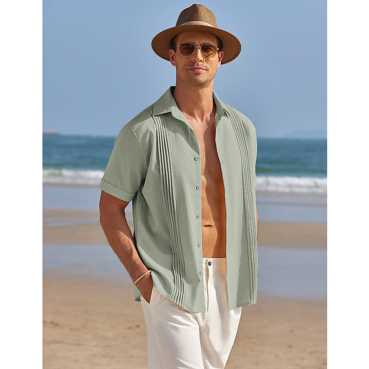 COOFANDY Cuba Shirt Linen Beach Shirts Mexican Wedding Dress Shirts Cabana Shirt Light Green