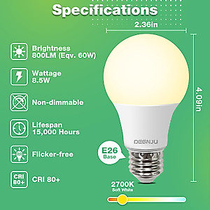 DEGNJU 24 Pack LED Light Bulbs Soft White 2700K, 60 Watt Equivalent LED Bulbs, A19 Standard Bulbs, 800 LM, 15000 Hours, E26 Base, Non-Dimmable, 8.5W White LED Bulbs for Bedroom Living Room