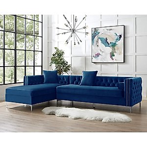 Inspired Home Navy Chaise Sectional Sofa - Design: Giovanni | 115" Left Facing | Velvet | Storage | Metal Legs | Tufted Design