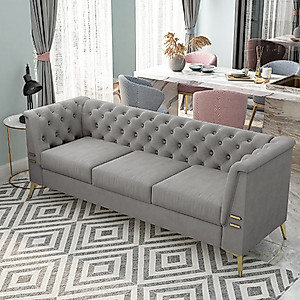 kevinplus 82.6'' Chesterfield Sofa Couch for Living Room, Classic Modern Velvet 3-Seat Upholstered Sofa Couch for Apartment Bedroom Office, Strong Gold Metal Legs, Light Grey