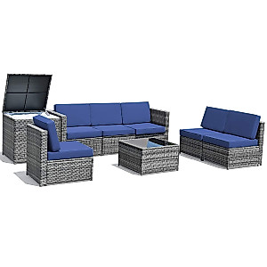 Tangkula 8 PCS Outdoor Patio Furniture Set, Rattan Wicker Sofa Set, Sectional Sofa Couch Conversation Set w/Storage Table and 12 Zippered Cushions for Garden Backyard Poolside (Navy)
