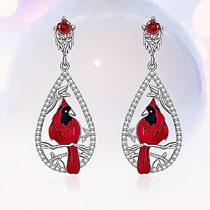 Cardinal Earrings for Women S925 Sterling Silver Teardrop Dainty Cute Dangle Drop Piercing Stud Red Fashion Hypoallergenic Crystal Ruby Animal Bird Valentine's Day Jewelry