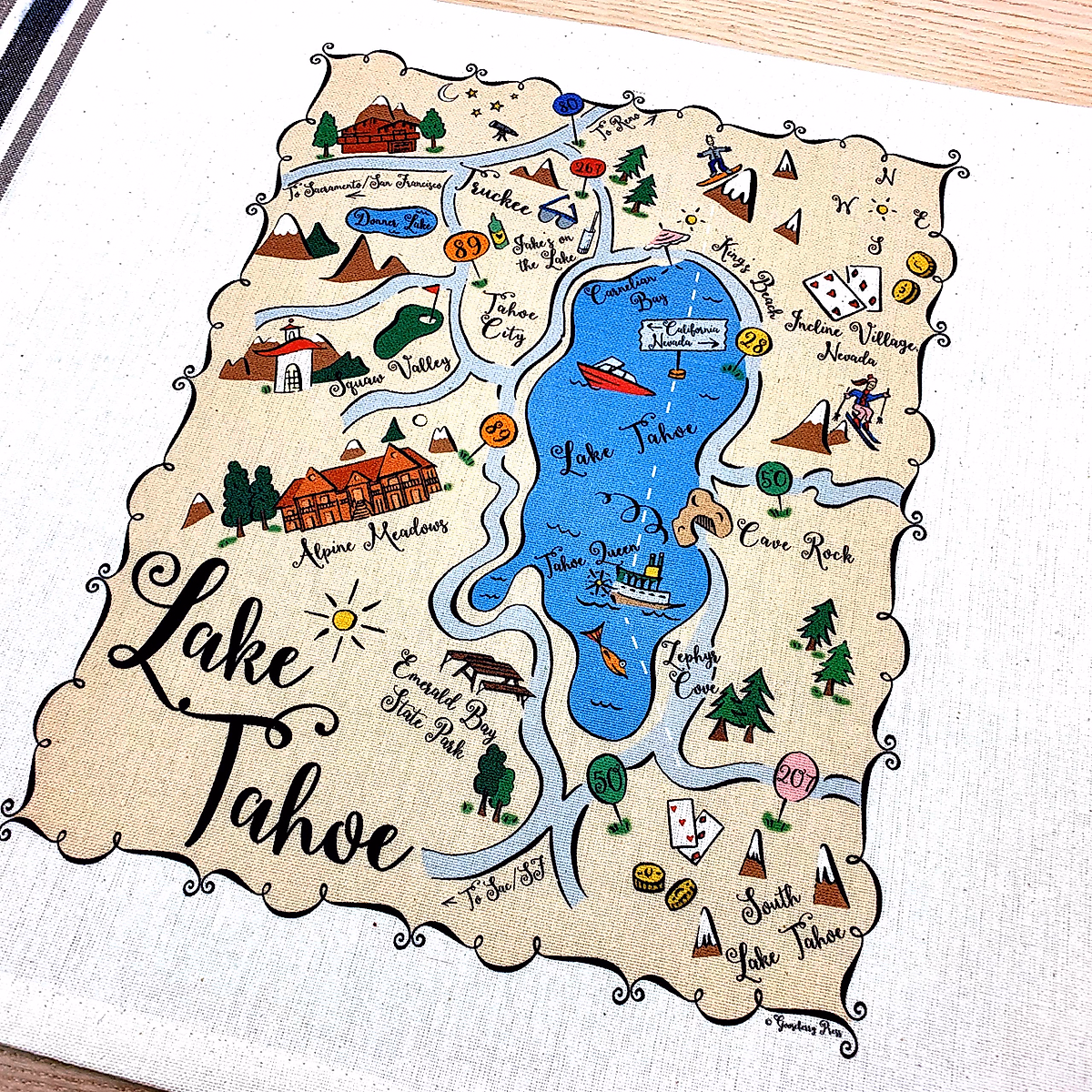 Lake Tahoe Map Kitchen Tea Towel