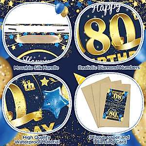 Blue 80th Birthday Gift Bag, Large Navy Blue Gold Happy 80th Birthday Gift Bag with Greeting Card and Tissue Paper for Men Women 80 Years Old Anniversary Birthday Party Favors Goodie Wrap Bag Supplies