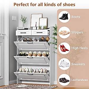 ODUWA Shoe Storage Cabinet with 3 Flip Drawers and 2 Storage Drawers,Easy to Store 18-25 Pairs of Shoes,White Wood Shoe Storage Cabinet for Entryway,Hallway,PVC Door with Shape