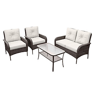 INTER HUT 4-Piece Outdoor Furniture Set - PE Rattan Wicker Loveseat, 2 Chairs, and Steel Table Conversation Set for Patio, Backyard, Poolside and Lawn