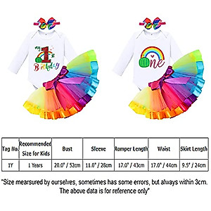 Baby Girl Toddler Infant Watermelon Cake Smash Outfits 3PCS Long Sleeve Romper Rainbow Skirt Set with Bowknot Hanband 1st Birthday Outfits Party Dress Up Watermelon-Long 1st 1Y