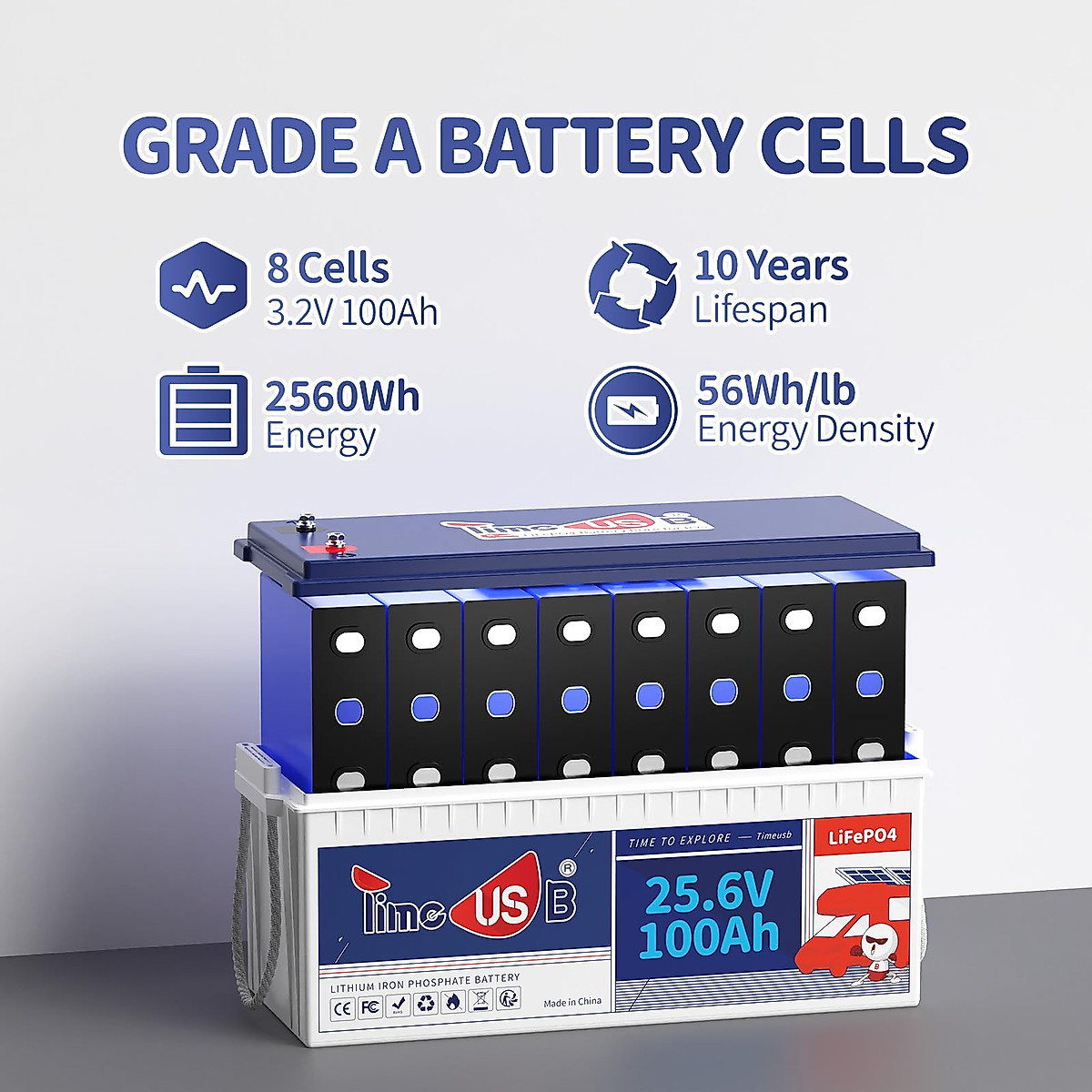 Timeusb 24V 100Ah LiFePO4 Battery, 2.56kWh Lithium Battery, Built-in 100A BMS, 10-Year Lifetime with Grade A LiFePO4 Cells, Perfect for RV, Camper, Home Energy Storage, Van, Off-Grid, etc