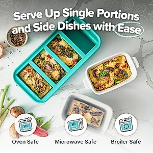 Souper Cubes Stoneware - Small Ceramic 5" x 3" Baking Dish with Silicone Covers, Small Baking Dishes for Oven Perfect for Reheating Single Serve Portions, Set of 4 - White