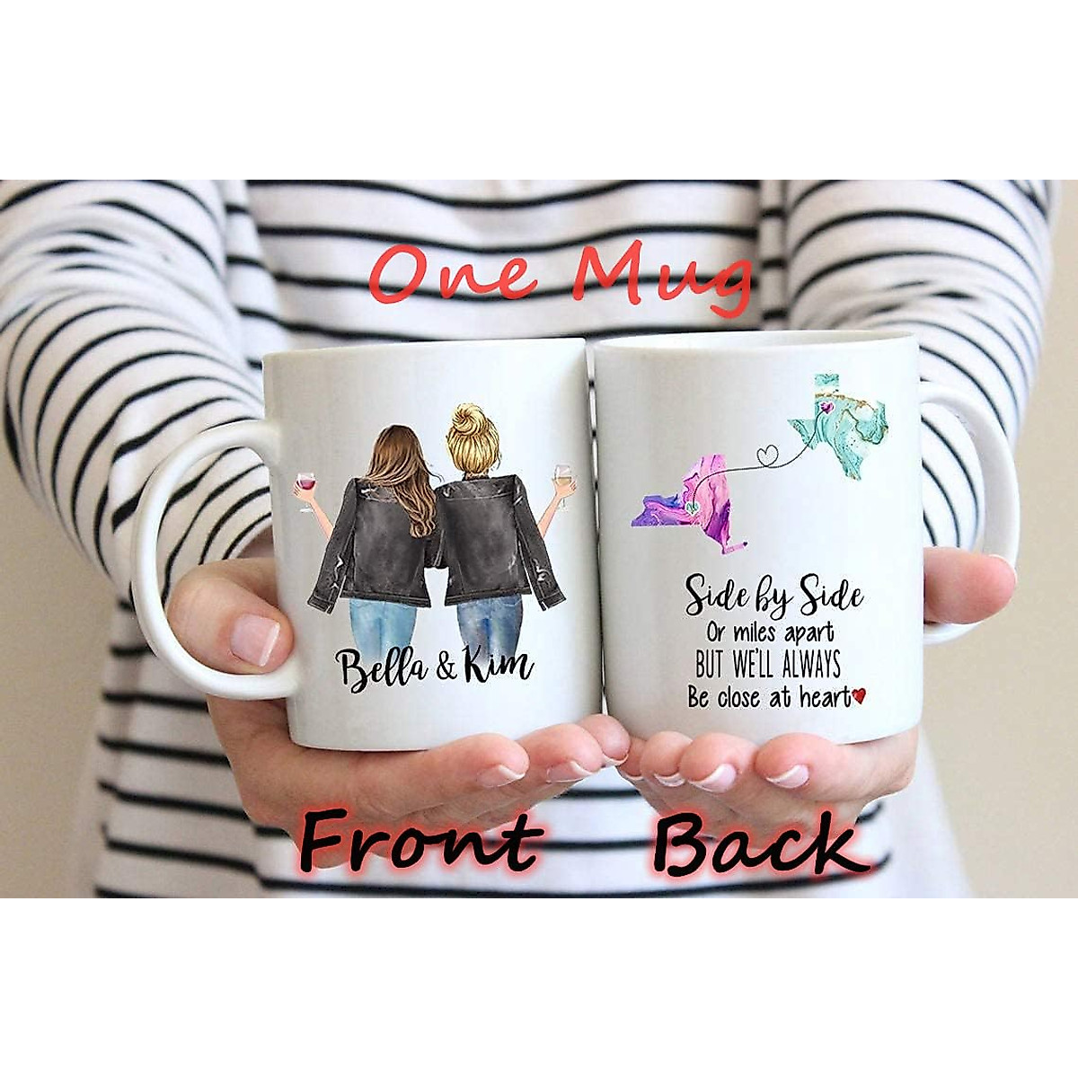 Custom Long Distance Friendship Mug, Side by Side or Miles Apart Coffee Mug, Personalized Going Away Gift for Sister, Best Friend, Choose Names & States, 11 or 15 oz