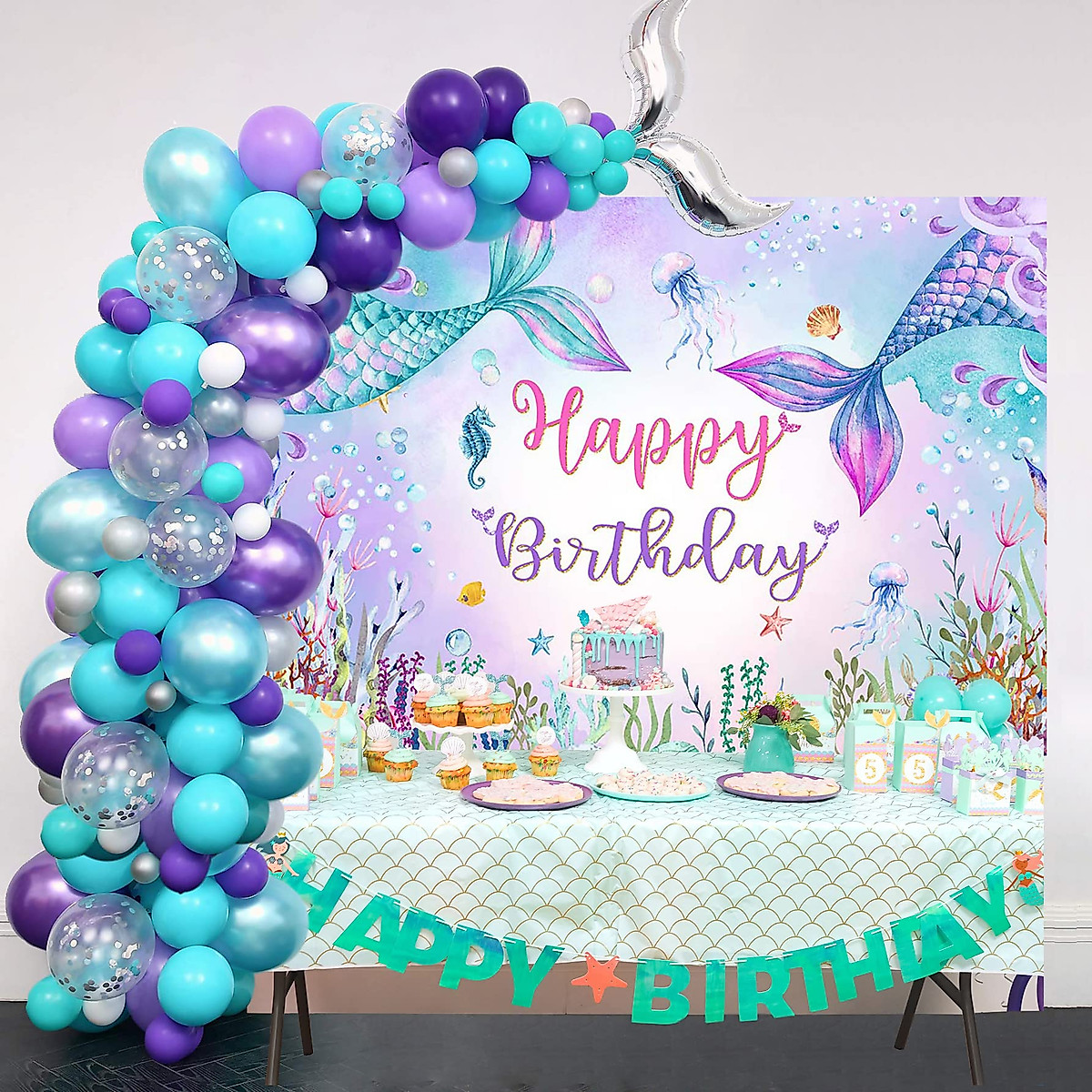 Mocsicka Mermaid Birthday Backdrop Under The Sea Birthday Party Decoration for Girl Blue Purple Mermaid Tails Photography Background (7x5ft(82x60 inch))