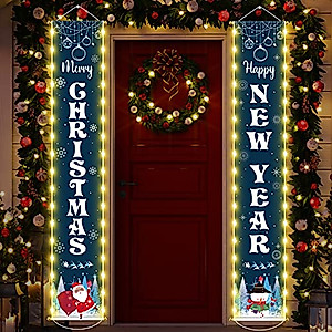 Christmas Banner with Lights Merry Christmas Banners for Outside Happy New Year Banner for Porch Door Sign Indoor Outdoor Garage Wall Yard Hanging Xmas Party Decor, 12 x 71 Inch