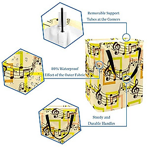 Music Noted in Square Shape Pattern Print Collapsible Laundry Hamper, 60L Waterproof Laundry Baskets Washing Bin Clothes Toys Storage for Dorm Bathroom Bedroom