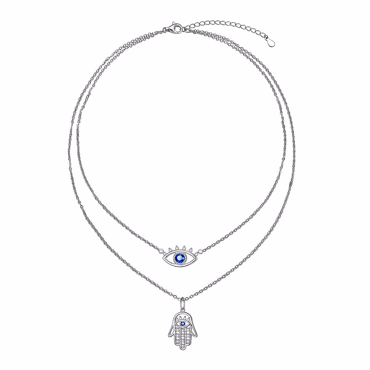 JZMSJF 925 Sterling Silver Fashion Layered Evil Eye Hamsa Hand Charm Blue White CZ Pendant Necklace