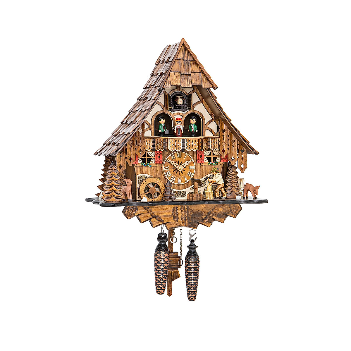 Engstler Quartz Cuckoo Clock Black Forest house with moving wood chopper and mill wheel, with music EN 4661 QMT