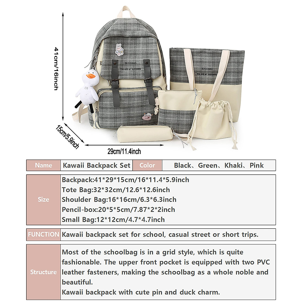 DAHUOJI 5Pcs Kawaii Backpack Set with Badge & Duck Pendant,Japanese Aesthetic Check Bookbag for Girls Cute Plaid School Bags Comes with Tote Bag,Shoulder Bag,Pencil Box,Small Bag(Black,16in)