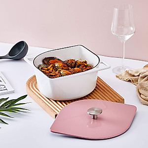 Bruntmor 3 Quart Cast Iron Enameled Dutch Oven - Modern Squoval Design - Nonstick Seasoned Pot with Stainless Steel Knob - Ideal for Christmas/Thanksgiving Dinner - White with Pink Lid