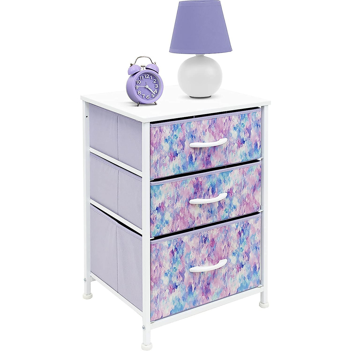 Sorbus Nightstand Storage Organizer with 3 Drawers - Kids Girls, Boys Bedroom Furniture Storage Chest for Clothes, Closet Organization - Steel Frame, Wood Top, Tie-dye Fabric Bin (Blue/Pink/Purple)