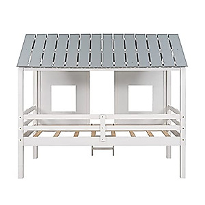 Merax Twin Size Wooden House Bed, Low Loft Bed Frames with Two Front Windows and Roof for Girls and Boys, White(Grey Roof)
