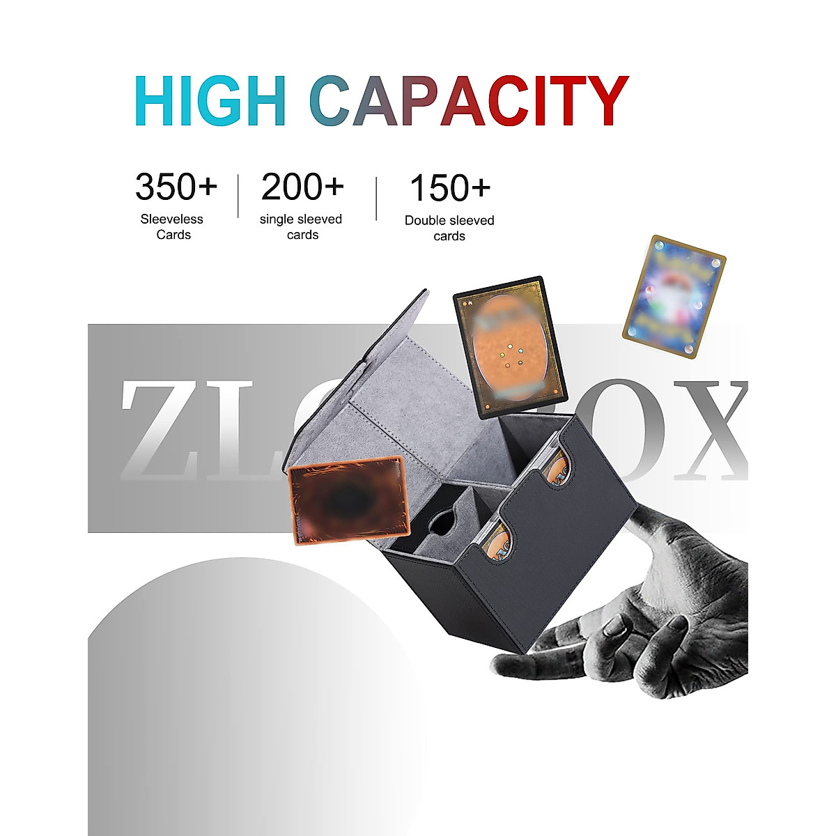 ZLCA Card Deck Box with Dice Tray for MTG Cards, 200+ Card Storage Box Fits for TCG CCG, PU Leather Strong Magnet Collectible Card Case (Black)