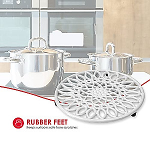 Home Basics Sunflower Collection, Heavy Duty Cast Iron Trivet, Elevated Base Kitchen Countertop & Dinning Room Table, (3, White)