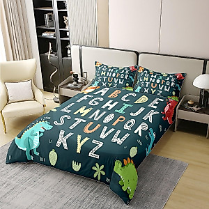 Alphabet Kids ABC Learning 100% Cotton Duvet Cover Full Size, Cartoon Dino Comforter Cover Kids Educational Nursery Art Bedding Set for Boys Girls Jungle Dino Bedspread Cover 3Pcs with 2 Pillow Case