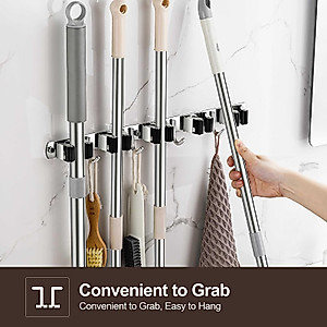 TOPSKINOY Broom Holder Wall Mount, Stainless Steel Broom Hanger Wall Mount, Heavy Duty Mop and Broom Holder Tool Racks Utility Hooks for Laundry Room Garden Garage, Grey (5 Racks and 4 Hooks)
