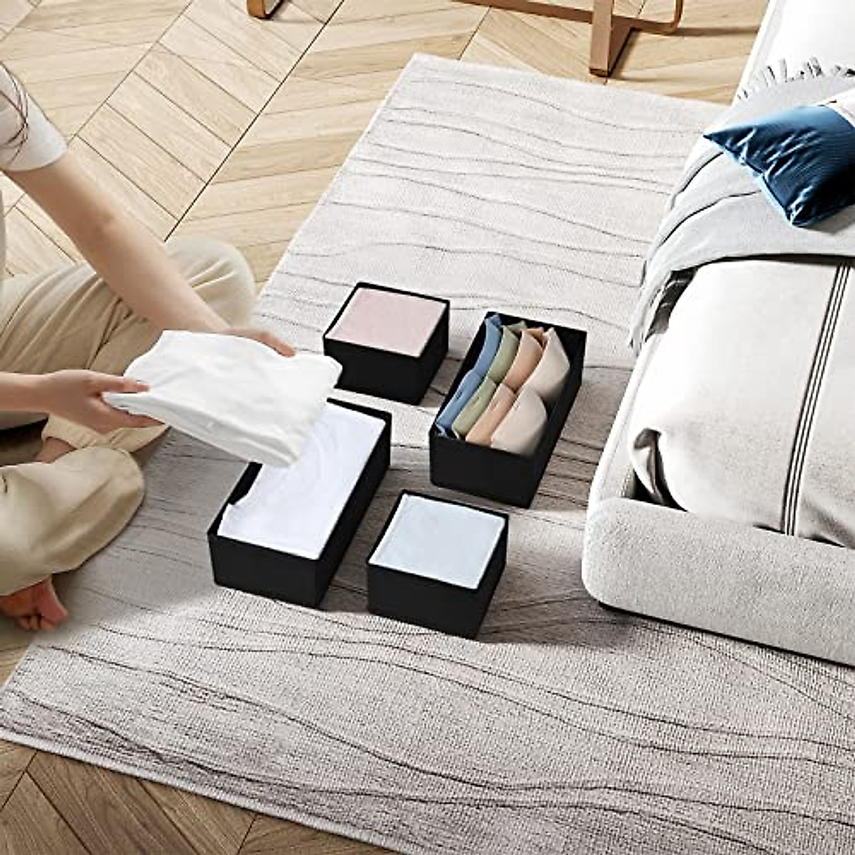 DIMJ Drawer Organizers, Set of 4 Clothes Drawer Organizer, Foldable Closet Drawer Organizer, Dresser Drawer Organizers Dividers for Baby Clothes, Socks, Belt, Tie (Black)