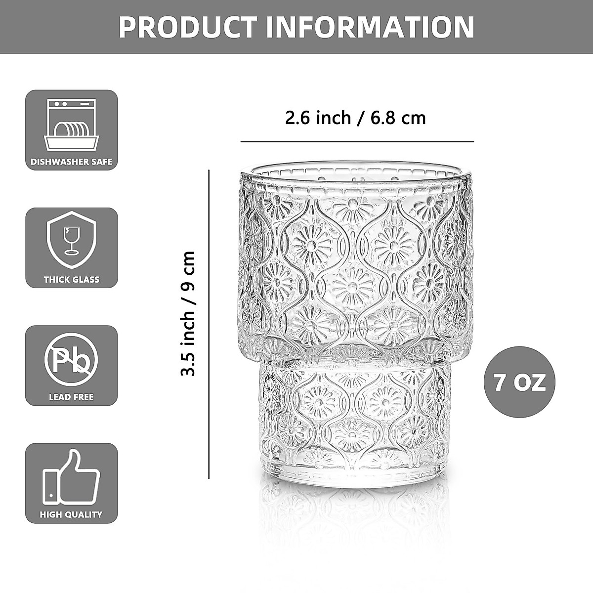 Glass Cups Vintage Glassware | Set of 4 Small, Embossed Stackable Pattern Style Transparent Cocktail Glasses Set, Ice Coffee Cup Juice Drinkware, Clear, 190ml (S)