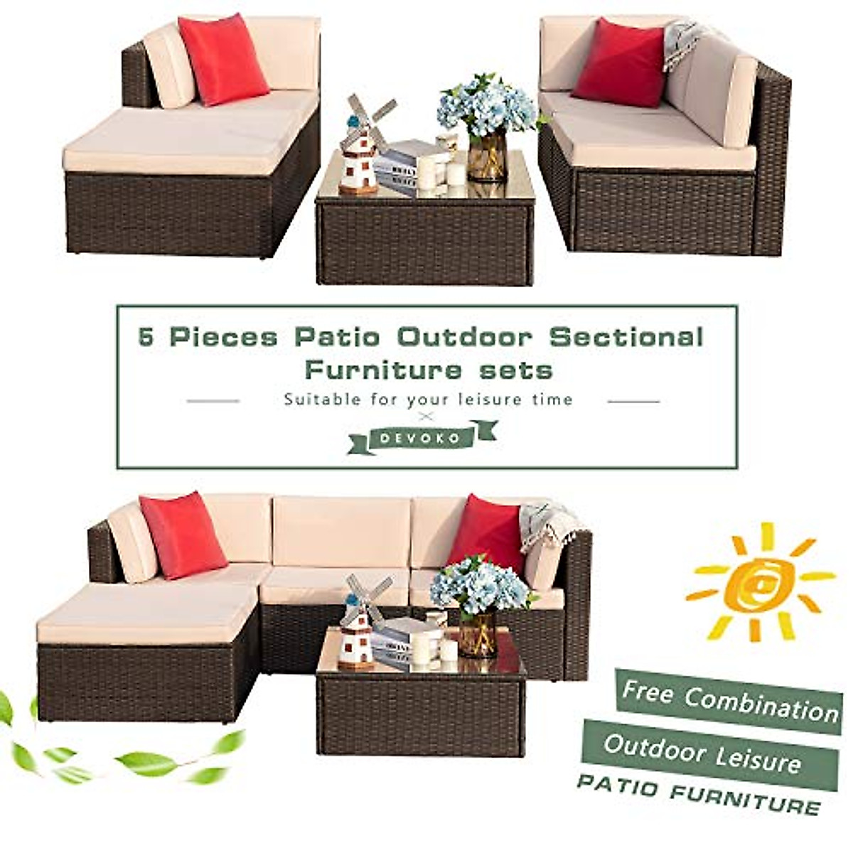 Devoko 5 Pieces Patio Furniture Sets All Weather Outdoor Sectional Patio Sofa Manual Weaving Wicker Rattan Patio Seating Sofas with Cushion and Glass Table(Beige)