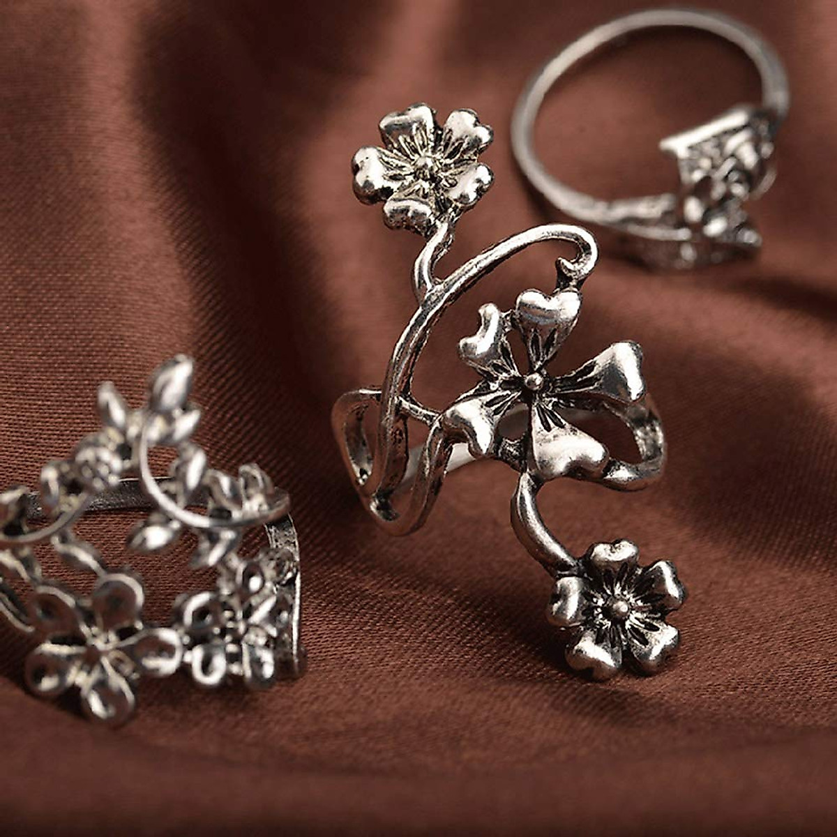 SEniutarm Engagement Love Rings Wedding Bands 4Pcs Women Vintage Stereo Flower Leaves Midi Finger Knuckle Rings Set Jewelry for Women/Girl Finger Rings DIY Jewelry Gifts - Silver