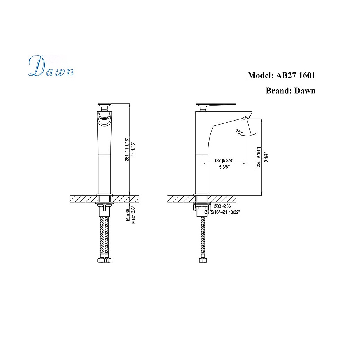 Dawn AB27 1601C Single-Lever Tall Vessel Faucet, Chrome