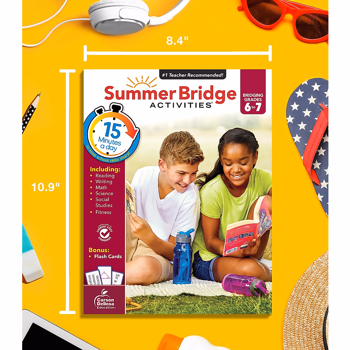 Summer Bridge Activities 6th to 7th Grade Workbooks, Math, Reading Comprehension, Writing, Science, Social Studies, Fitness Summer Learning, 7th Grade Workbooks All Subjects With Flash Cards