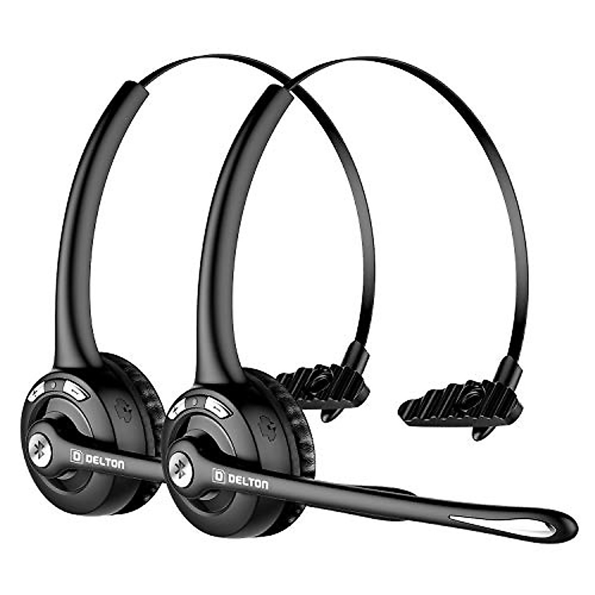 Delton 10X Trucker Bluetooth Headset, Wireless Headphones w/Microphone, Over The Head Single Earpiece with Mic for Skype, Call Centers, Truck Drivers - 18Hrs (2-Pack)
