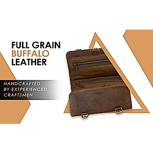 KomalC Premium Buffalo Leather Hanging Toiletry Bag Travel Dopp Kit (Distressed Tan)