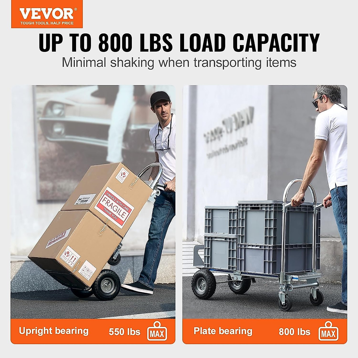 VEVOR Aluminum Convertible Hand Truck, 2 in 1 Design 800 Lbs Capacity, Heavy Duty Industrial Collapsible cart, Dolly Cart with Rubber Wheels for Transport and Moving in Warehouse, Supermarket, Garden
