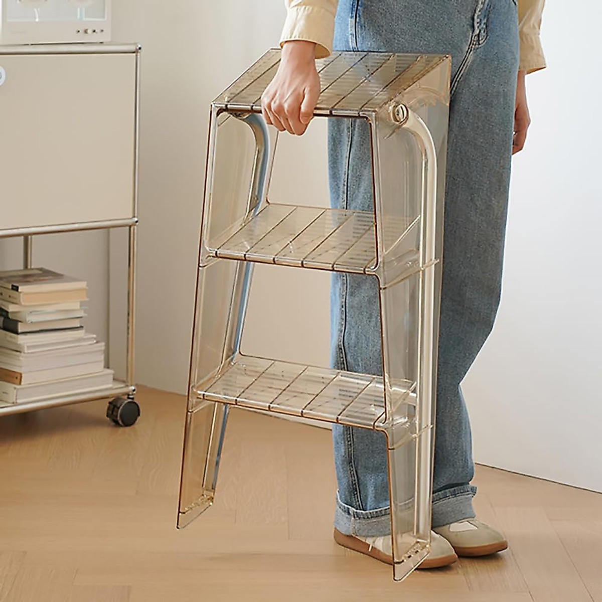 Folding Step Stool for Adults, 3 Step Ladder for Kitchen, Library Step Stool Acrylic Chair with Anti-Slip Platform and Steel Frame, Storage Shelf for Garden, 170lbs Capacity (Amber)