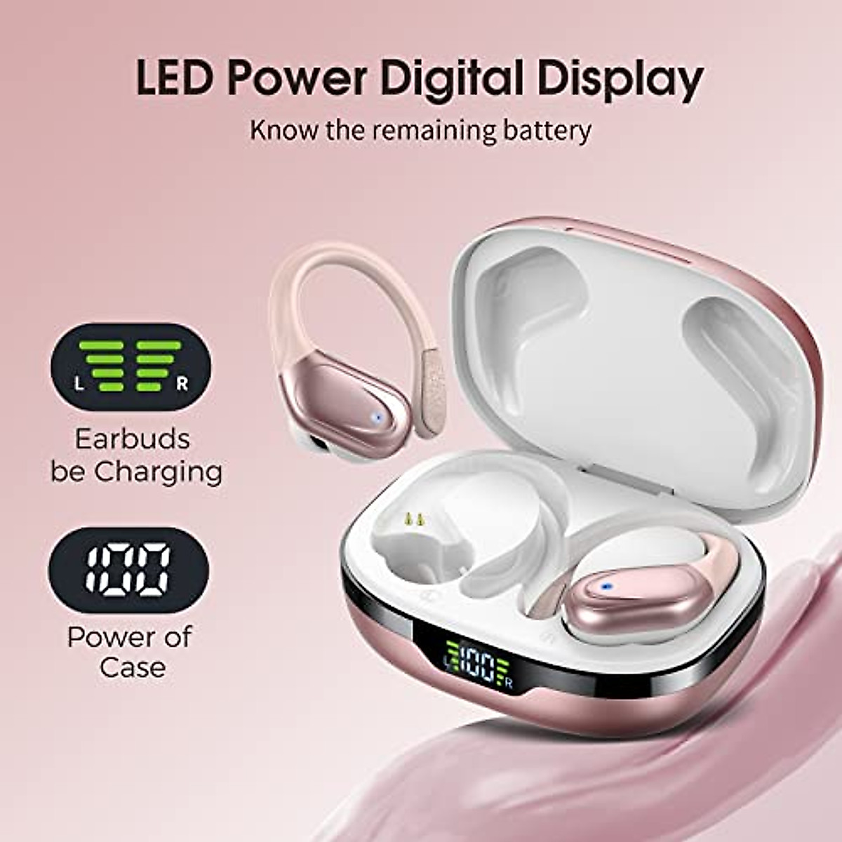 CASCHO Wireless Earbuds, Bluetooth 5.3 Headphones, 60Hrs Playback HD Stereo Audio LED Display, Over-Ear IPX7 Waterproof Earphones with Earhooks, Built-in Mic, Type-C, for Sports (Rose Gold)