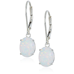 Amazon Essentials Elegant 925 Sterling Silver 4.5 Cttw, 8 x 10mm Oval Opal Gemstone Leverback Dangle Earrings, October Birthstone Jewelry for Women (previously Amazon Collection)