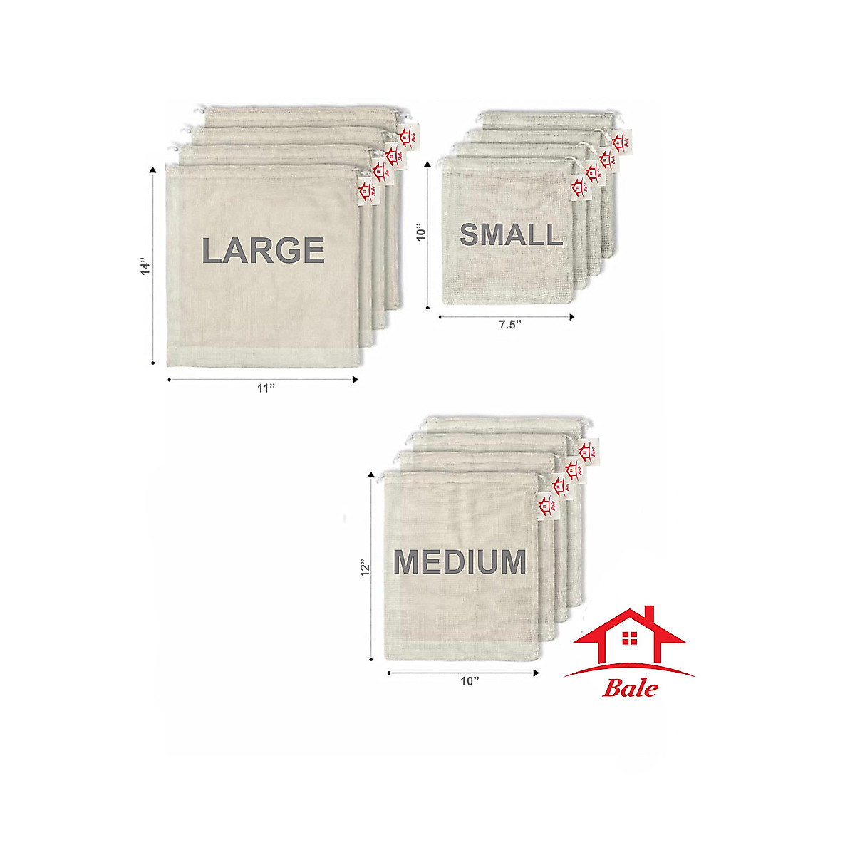 BaLe Set of 12 Reusable Produce Bag,Washable Reusable Organic Net Laundry Cotton Mesh Bag,Drawstring Bags for Grocery & Storage