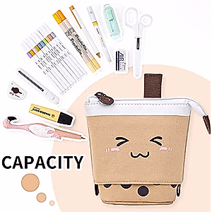 Pencil Case Standing Pen Holder Telescopic Makeup Pouch Pop Up Cosmetics Bag Stationery Office Organizer Box for Students Unsex Adults (Brown)