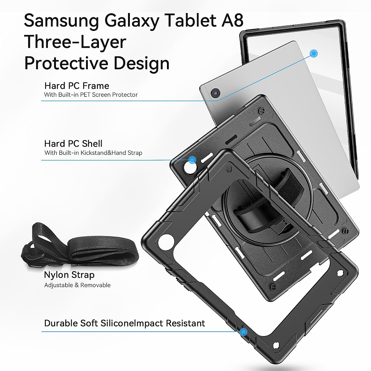 Stweap for Samsung Galaxy Tablet A8 Case 10.5 inch 2022 SM-X200/X205/X207 with Screen Protector [360 Rotating Stand] &Hand Shoulder Strap Shockproof Rugged Protective Cover|Black