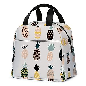 Lunch Bag, Cute Kids Reusable Cooler Lunch Tote Bag Insulated Leakproof Lunch Box Container with Front Pocket for Girls Boys School Work Picnic (Whte Pineapple)