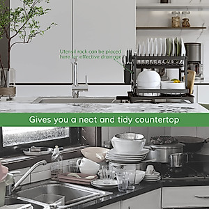 CHIACHIA Dish Drying Rack for Kitchen Counter, 2 Tier Dish Drying Rack with 2 Drainboard, Dish Rack and Drainboard Set with Knife and Fork Holder, Black Carbon Steel Large Capacity Dish Drainer