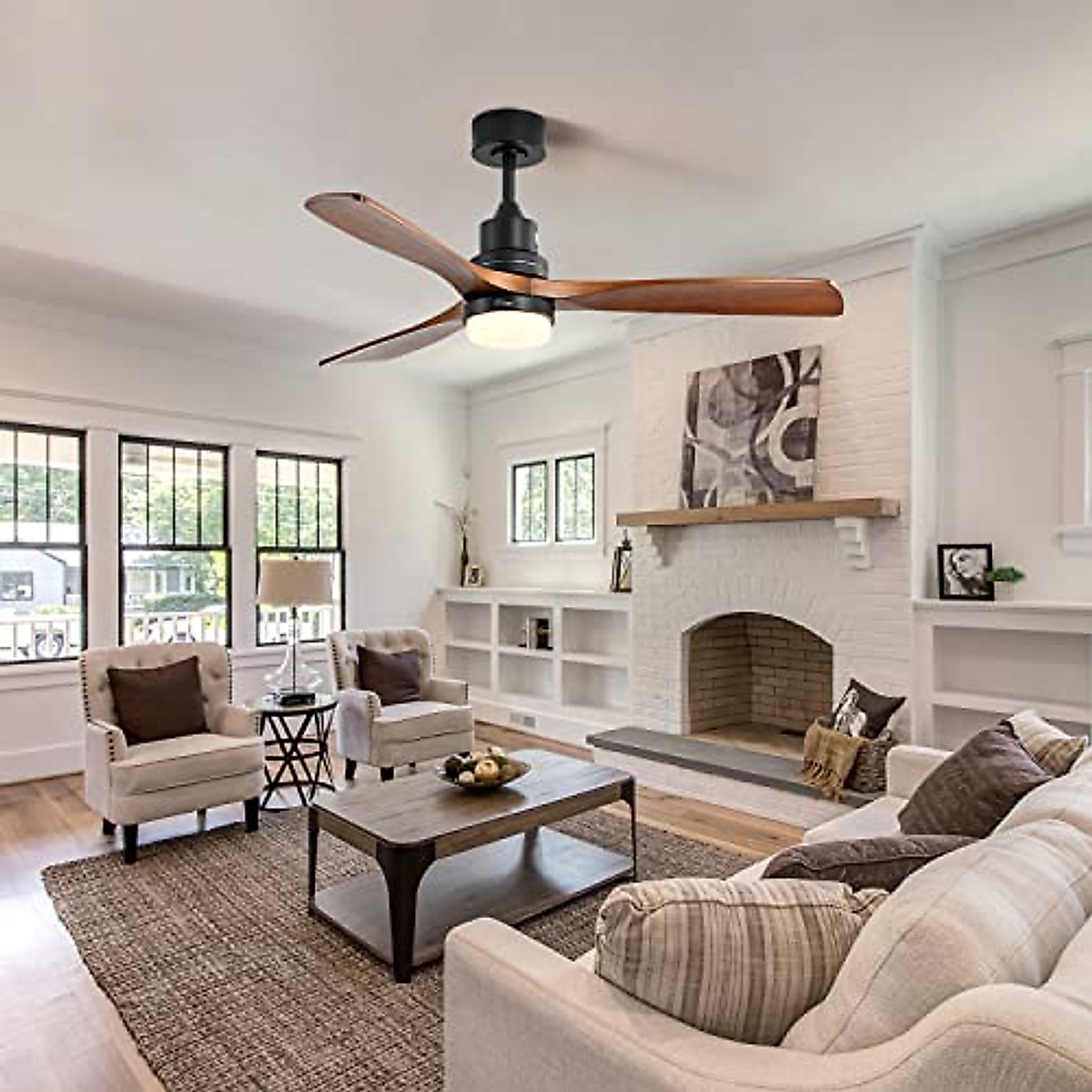 Sofucor 52 Inch Wood Ceiling Fan With Lights Remote Control Dimmable LED Light 3 Walnut Fan Blades Reversible DC Motor Modern Ceiling Fan with 3 Downrods(5 inch/10 inch/24 inch) for Farmhouse/Patios